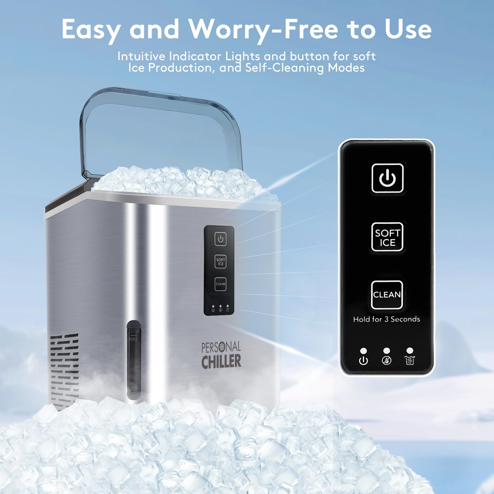 Personal Chiller Soft Nugget Countertop Ice Maker, 50lbs in 24H, Self-Cleaning Chewable Pellet Ice Machine for Kitchen, Office Stainless Steel Silver
