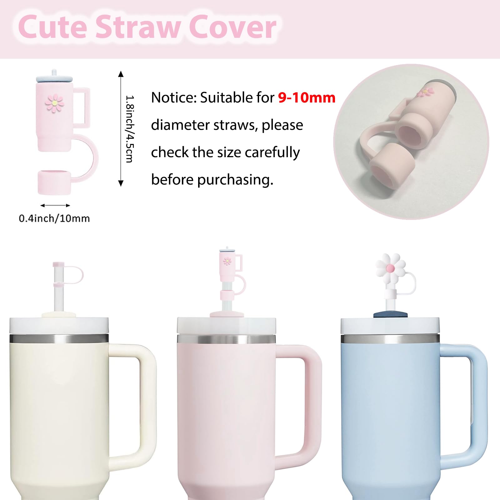 Mefaster Stanley Cup Accessories Set Includs 6Pcs Silicone Spill Proof Stopper, 2Pcs Straw Cover Cap for 9-10 mm Straw, 1Pcs Silicone Boot for Stanley Cup 40oz&30oz Tumbler (Rose Quartz), standard