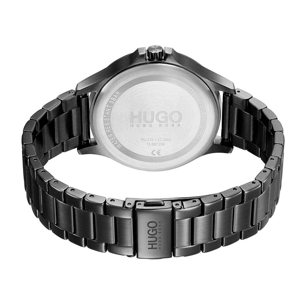 HUGO #LEAP Men's Multifunction Stainless Steel and Leather Strap Casual Watch, Color: Black (Model: 1530172)