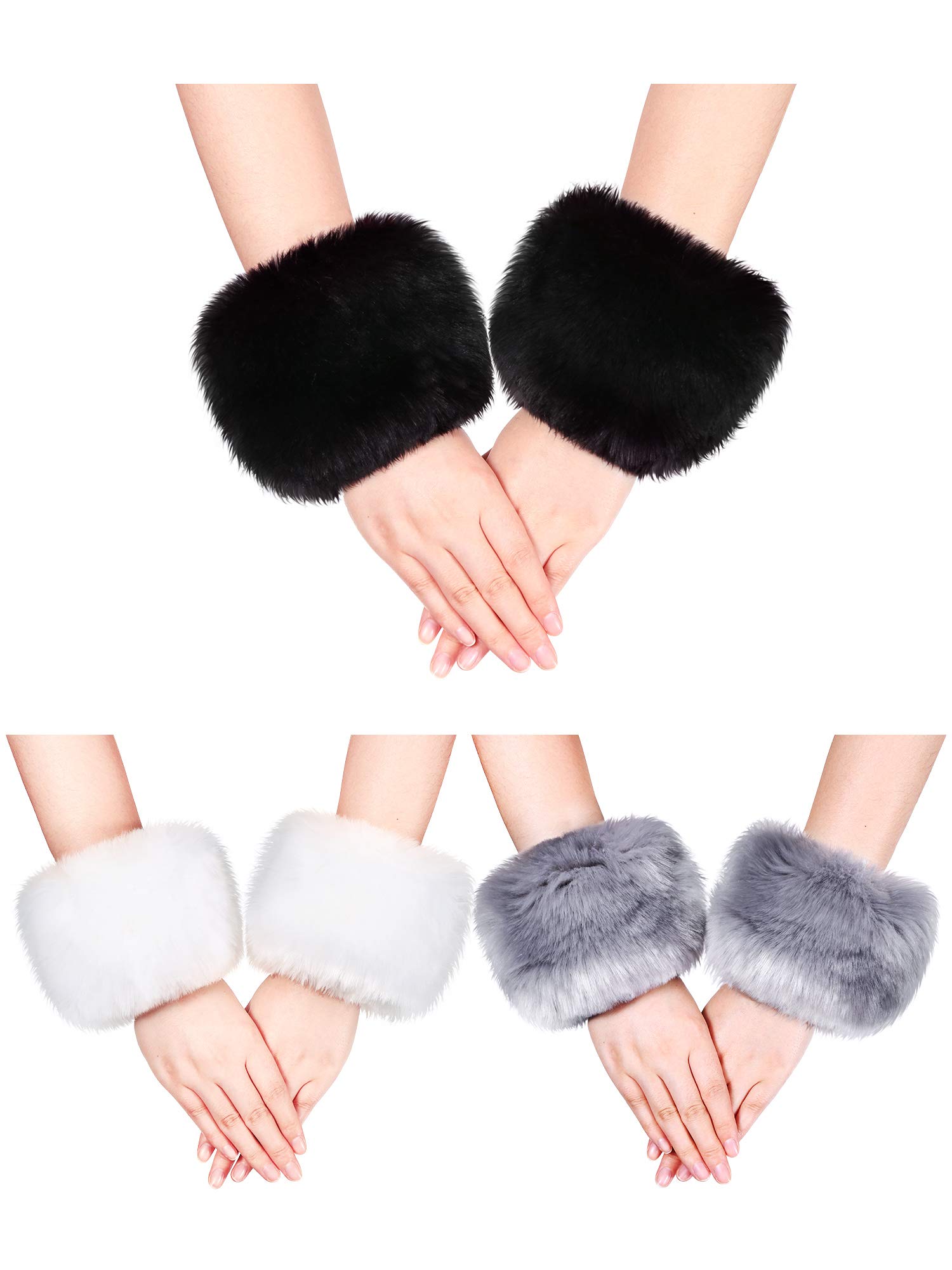 Hicarer 3 Pairs Faux Fur Wrist Cuff Warmers Winter Furry Wrist Warmers for Women Girls