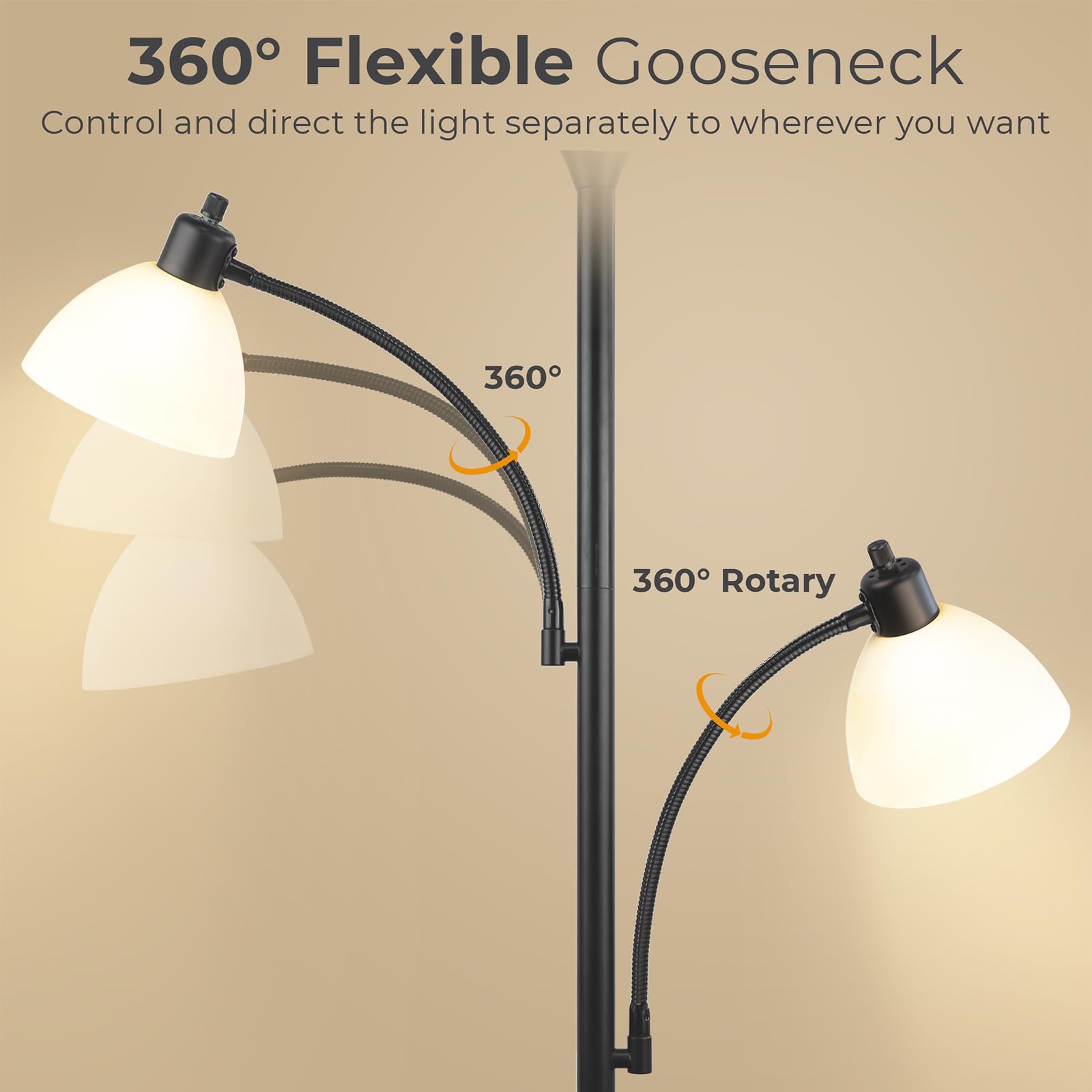 Isloys Led Floor Lamp, Torchiere Bright Black Floor Lamp with 2 Reading Lamps, Led Tall Standing Pole Lamps for Living Room Bedroom Office, 3 Way Switch, 3 Led Bulbs Included