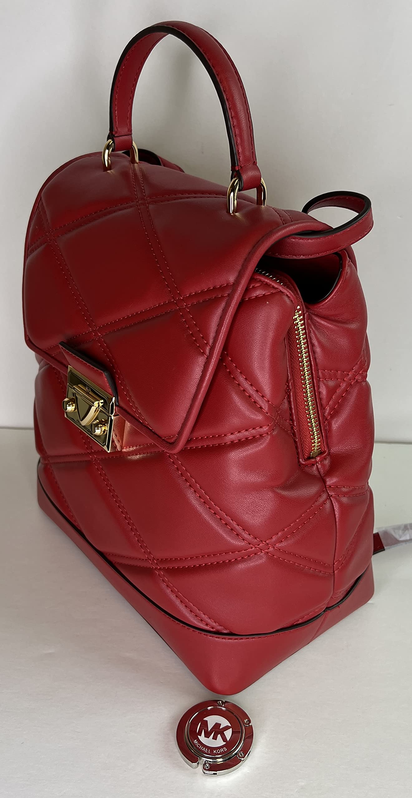 Michael Kors Serena MD Flap Backpack bundled with Trifold Wallet and Purse Hook (Chili)