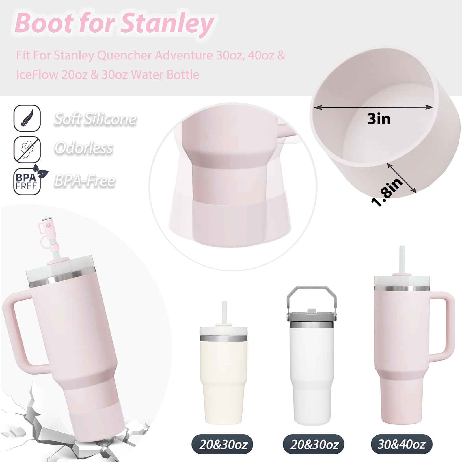 Mefaster Stanley Cup Accessories Set Includs 6Pcs Silicone Spill Proof Stopper, 2Pcs Straw Cover Cap for 9-10 mm Straw, 1Pcs Silicone Boot for Stanley Cup 40oz&30oz Tumbler (Rose Quartz), standard