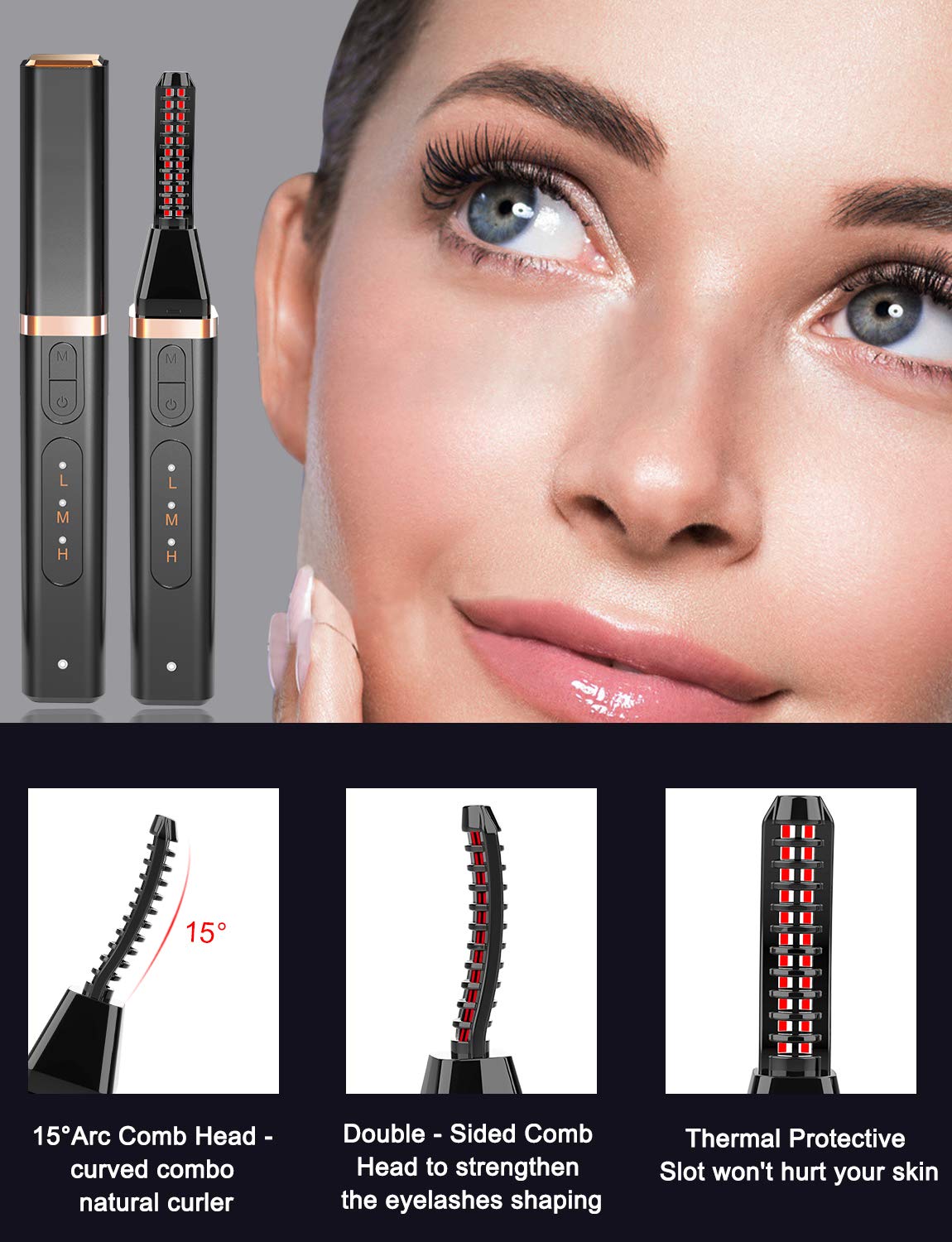 Heated Eyelash Curler, USB Rechargeable Electric Eyelash Curler for Quick Natural Curling,Long Lasting Eyelashes Curl Tool Valentine's Gifts for Women (Black)