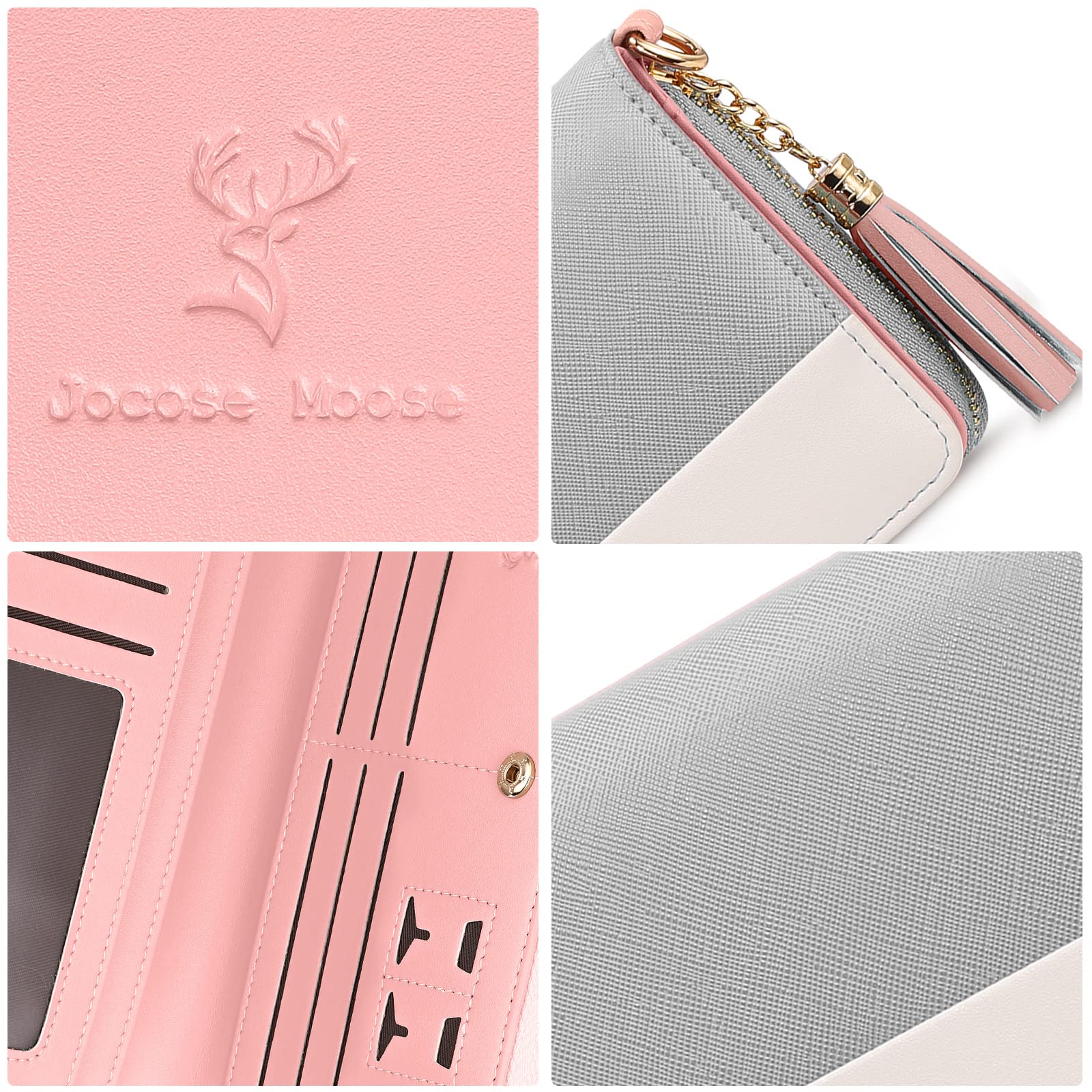 Jocose Moose Womens Wallet RFID Blocking Genuine Leather Card Holder Purse with Zipper Pocket Wristlet