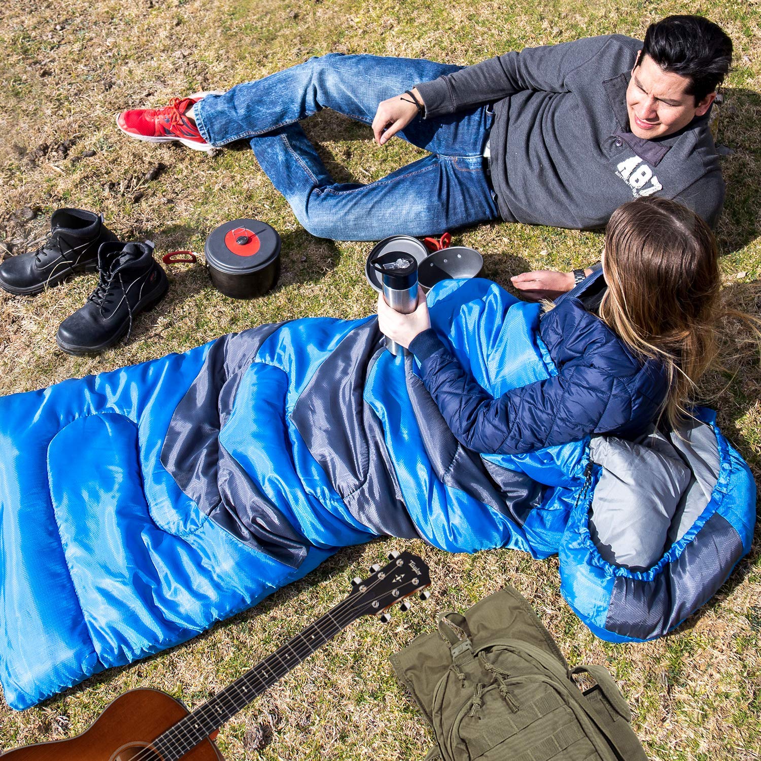 HiHiker Camping Sleeping Bag + Travel Pillow w/Compact Compression Sack – 4 Season Sleeping Bag for Adults & Kids – Lightweight Warm and Washable, for Hiking Traveling & Outdoor Activities (Blue)