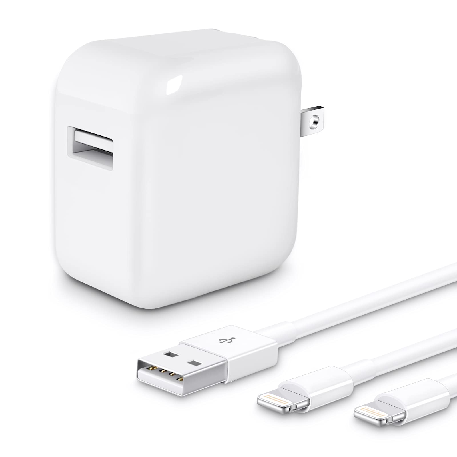 iPad Charger iPhone Charger, [Apple MFi Certified] 2.4A 12W USB Wall Charger Foldable Portable Travel Plug with 2-Pack Lightning to USB Cord Compatible with iPhone, iPad, AirPods and More