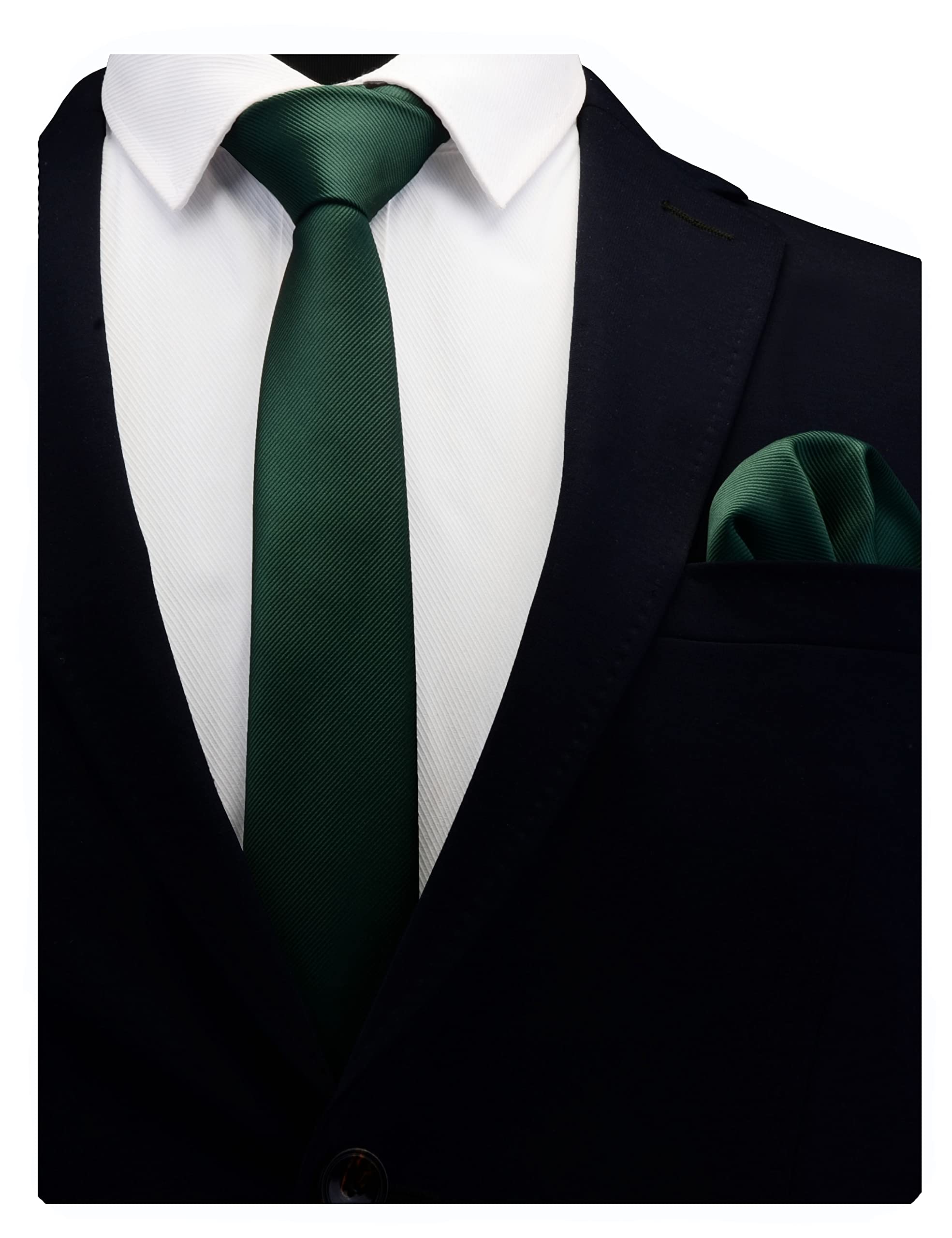 GUSLESON Solid Dark Green Emerald Skinny Tie For Men Classic Slim Necktie and Pocket Square Set (0754-08)