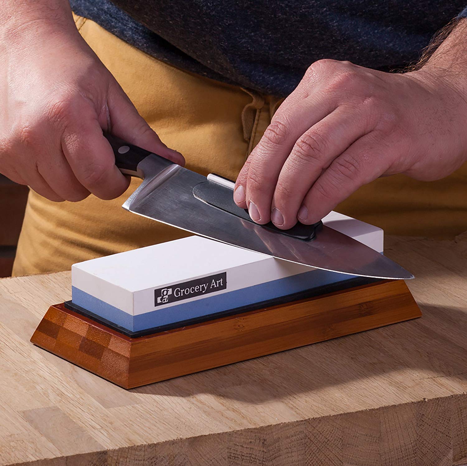 Grocery Art Whetstone Knife Sharpener - Knife Sharpening Stone - Waterstone 1000-6000 Grit with Non-Slip Bamboo Base and Angle Guide - Best Wet Stone Kitchen Knives Sharpening Kit