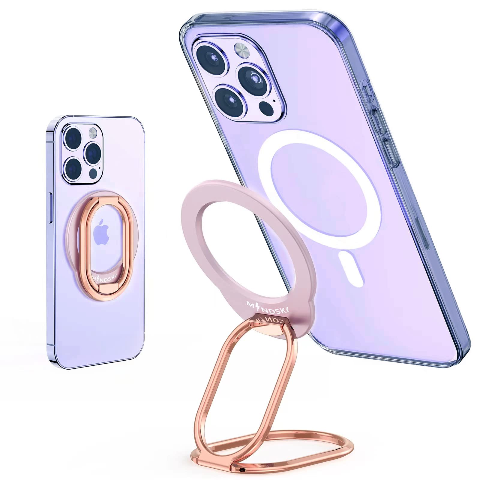 MINDSKY Mag-Safe Phone Stand Phone Grip Compatible with iPhone 12/13/14/15 Mini/Pro/Pro Max Accessories Removable Magnetic Finger Phone Ring Grip (Rosegold Pink)