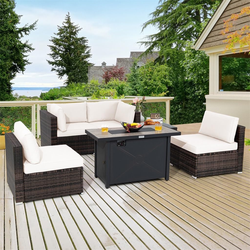 Generic 6PCS Patio Furniture Set Rattan Cushioned Gas Fire Pit Table Beige