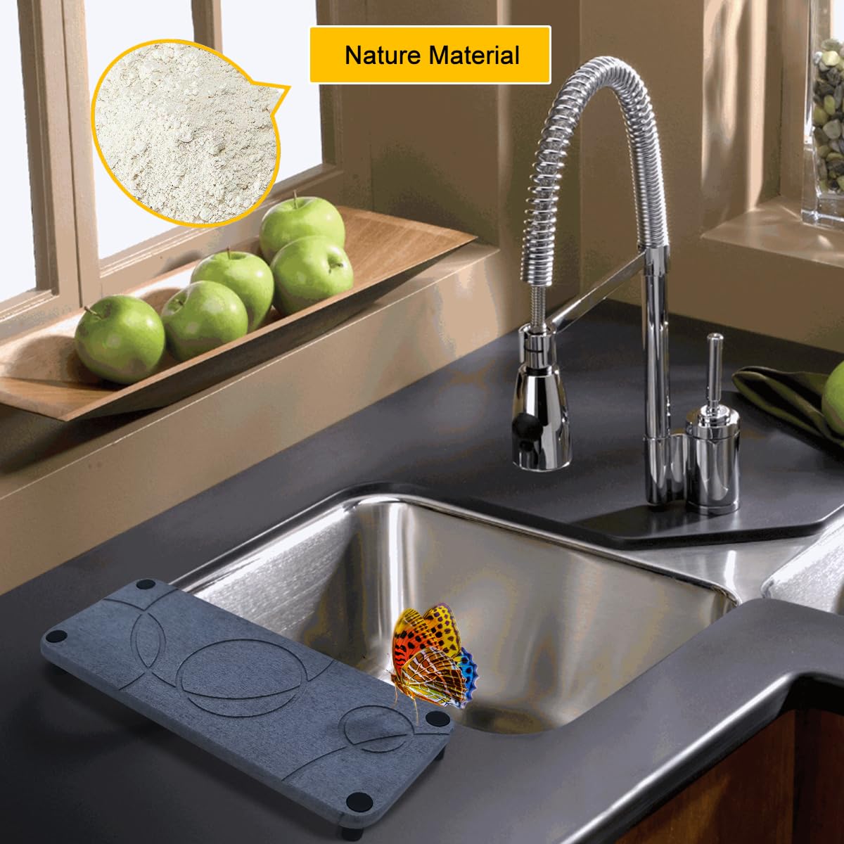 Instant Dry Sink Organizer, Drytomini, Instant Dry Sink Organizer Bathroom with Feet Avoid Moisture Buildup, Fast Drying Stone Sink Tray ,Modern Element Instant Drying Sink Tray (Grey)