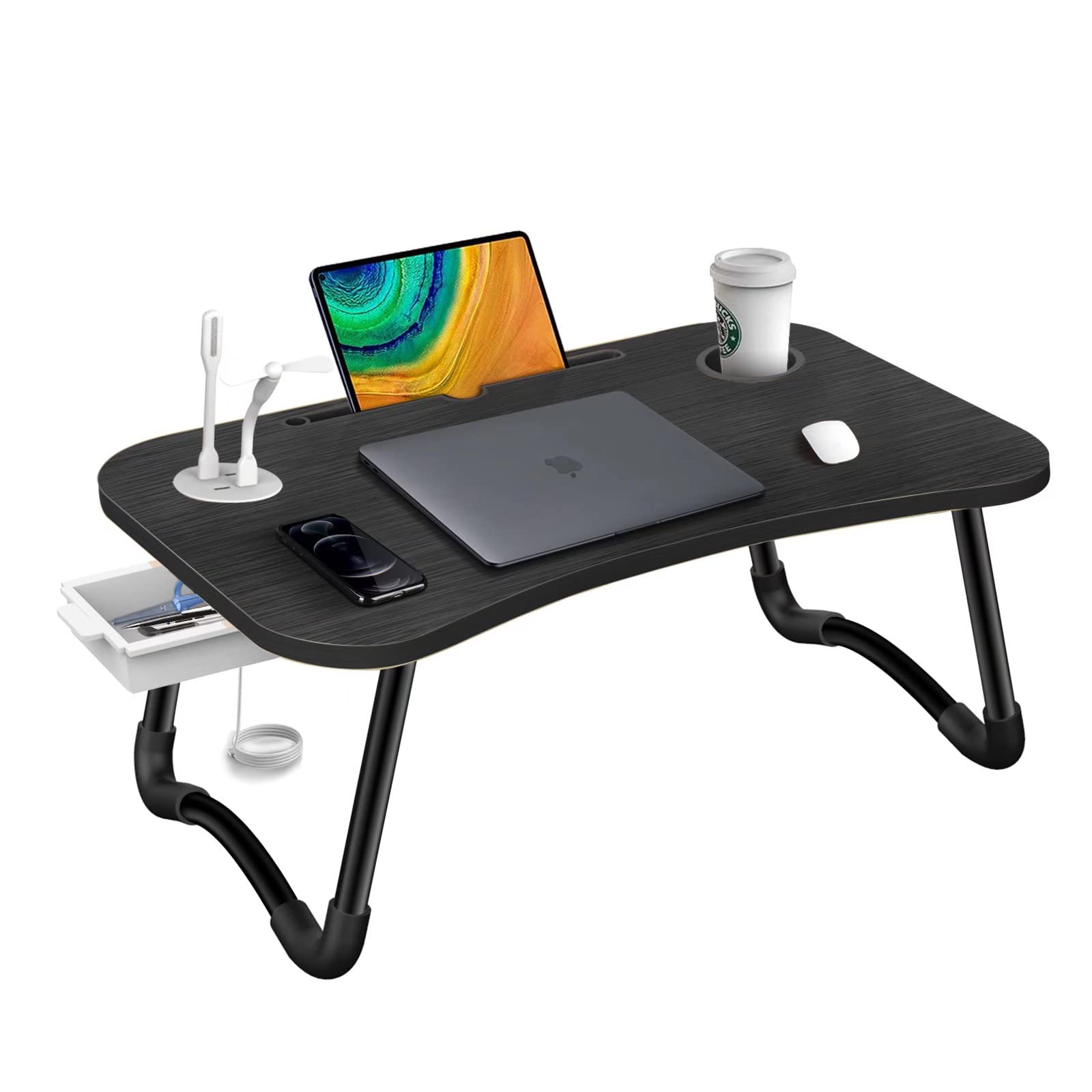 HLHome Laptop Bed Desk Large Portable Foldable Laptop Table Tray Stand for Bed with USB Charge Port/Cup Holder/Storage Drawer for Working Writing Reading Eating Lapdesk On Low Sitting Floor