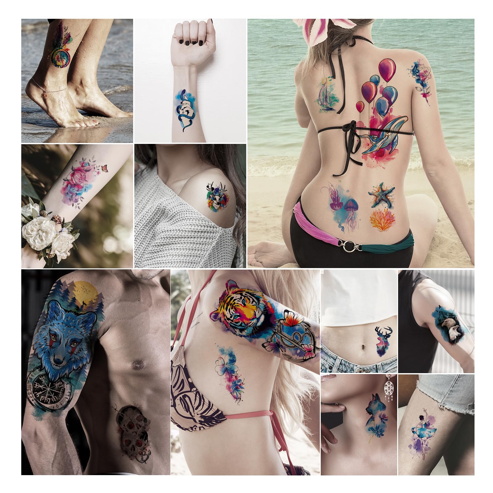 JEEFONNA 86 Sheets Temporary Tattoo, 14 Sheets Large Half Arm Fake Tattoos, Flower Cat Owl Lion Temporary Tattoos for Women Men, 72 Sheets Tiny Waterproof Semi Permanent Temporary Tattoos Realistic for Women Girls Kids Adults