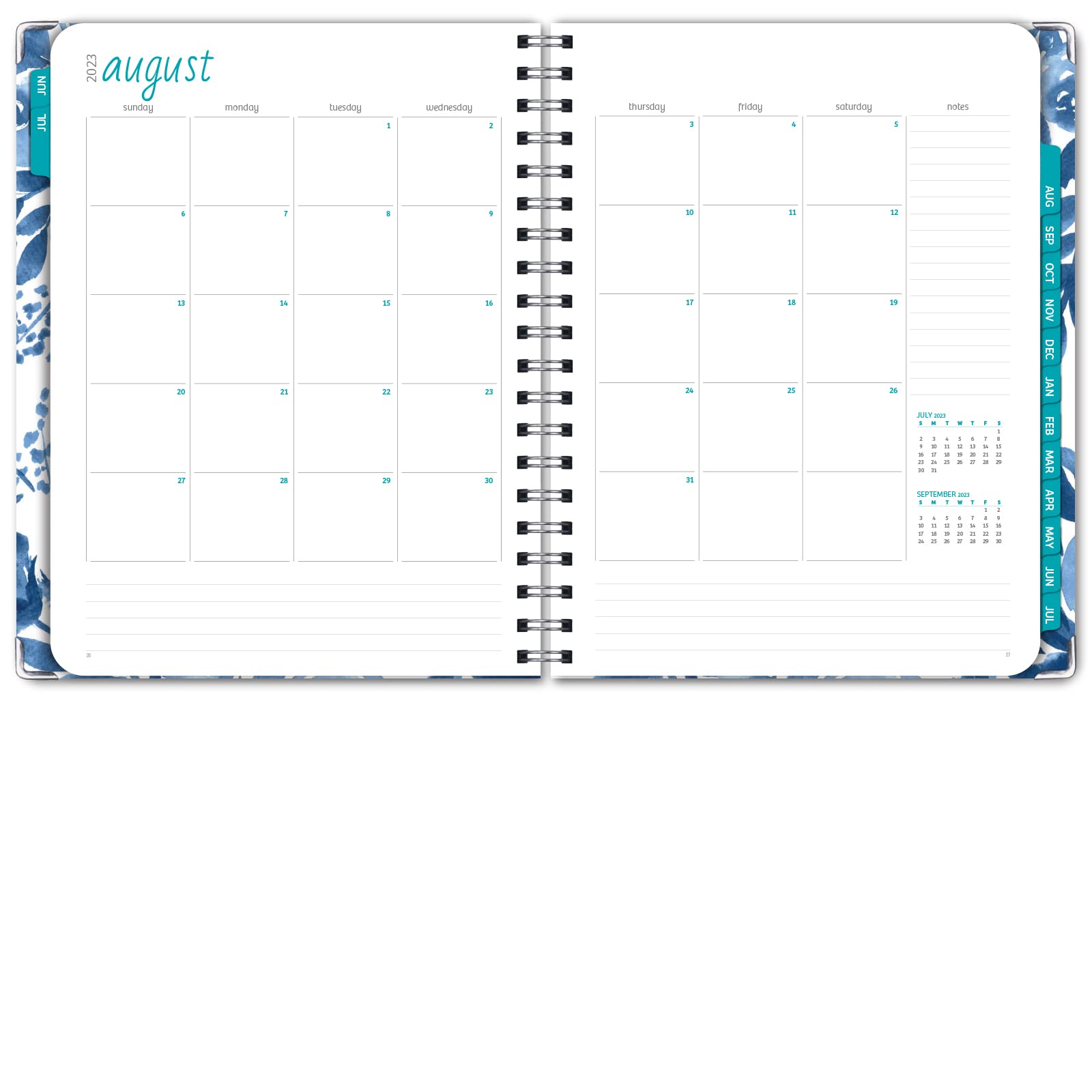 HARDCOVER Academic Year 2023-2024 Planner: (June 2023 Through July 2024) 8.5"x11" Daily Weekly Monthly Planner Yearly Agenda. Bookmark, Pocket Folder and Sticky Note Set (Blue Bloom)