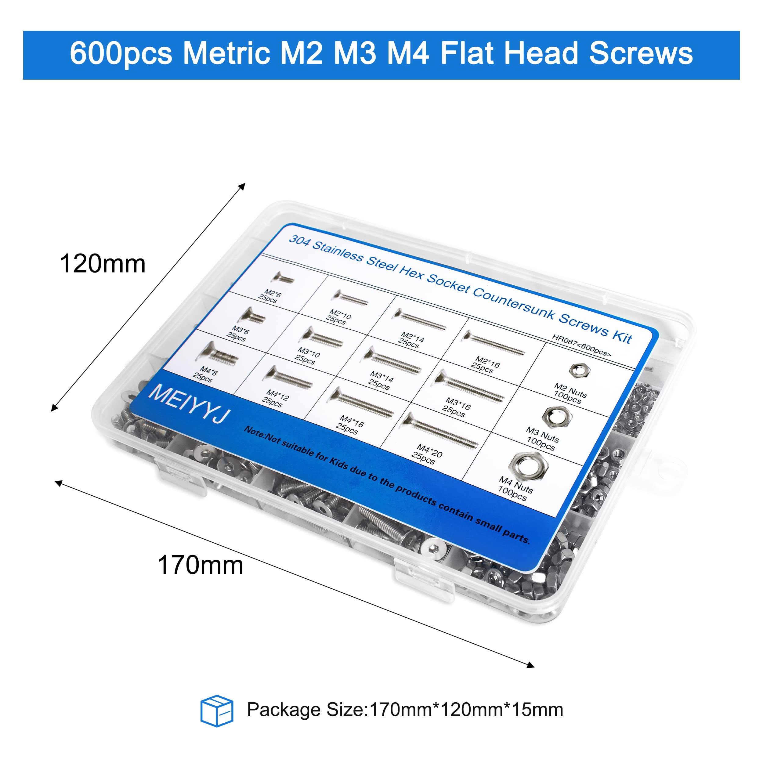 MEIYYJ 600pcs Metric M2 M3 M4 Flat Head Screws, 304 Stainless Steel Flat Head Countersunk Socket Cap Bolts Screw Nuts Assortment Kit, Allen Socket Drive