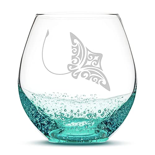 Integrity Bottles Tribal Stingray Design Stemless Wine Glass, Handmade, Handblown, Hand Etched Gifts, Sand Carved, 18oz (Bubble Sea Foam Green)