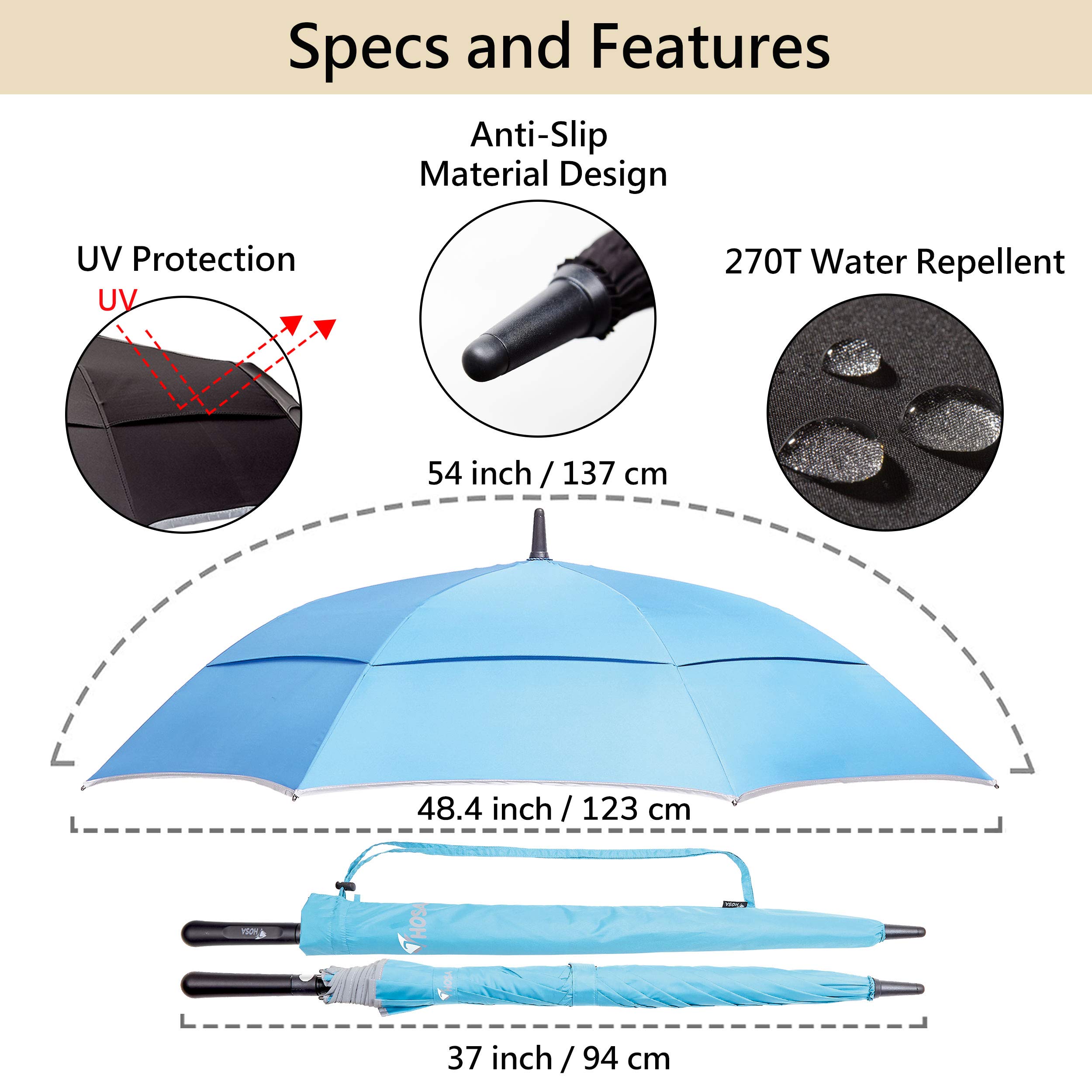 HOSA 54/68 Inch Automatic Open Golf Umbrella, Durable Extra Large Stick Umbrella, Windproof Water Resistant, Double Canopy, UV Protection, Multiple Colors for Men Women
