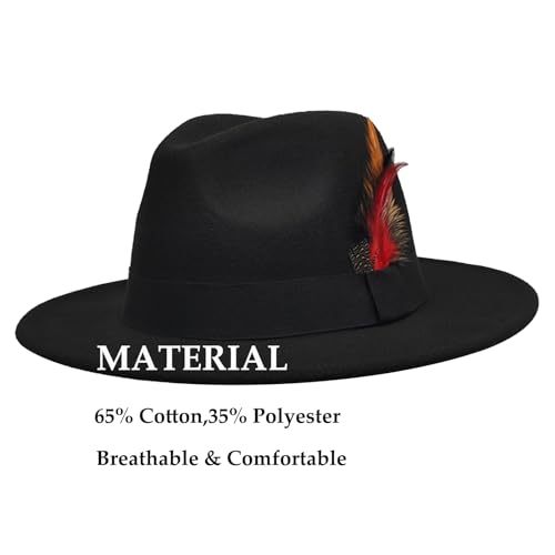 Mens Fedora Hats Classic Wide Brim Fedora Hat for Women Men Dress Hats Black Felt Panama Hat with Band