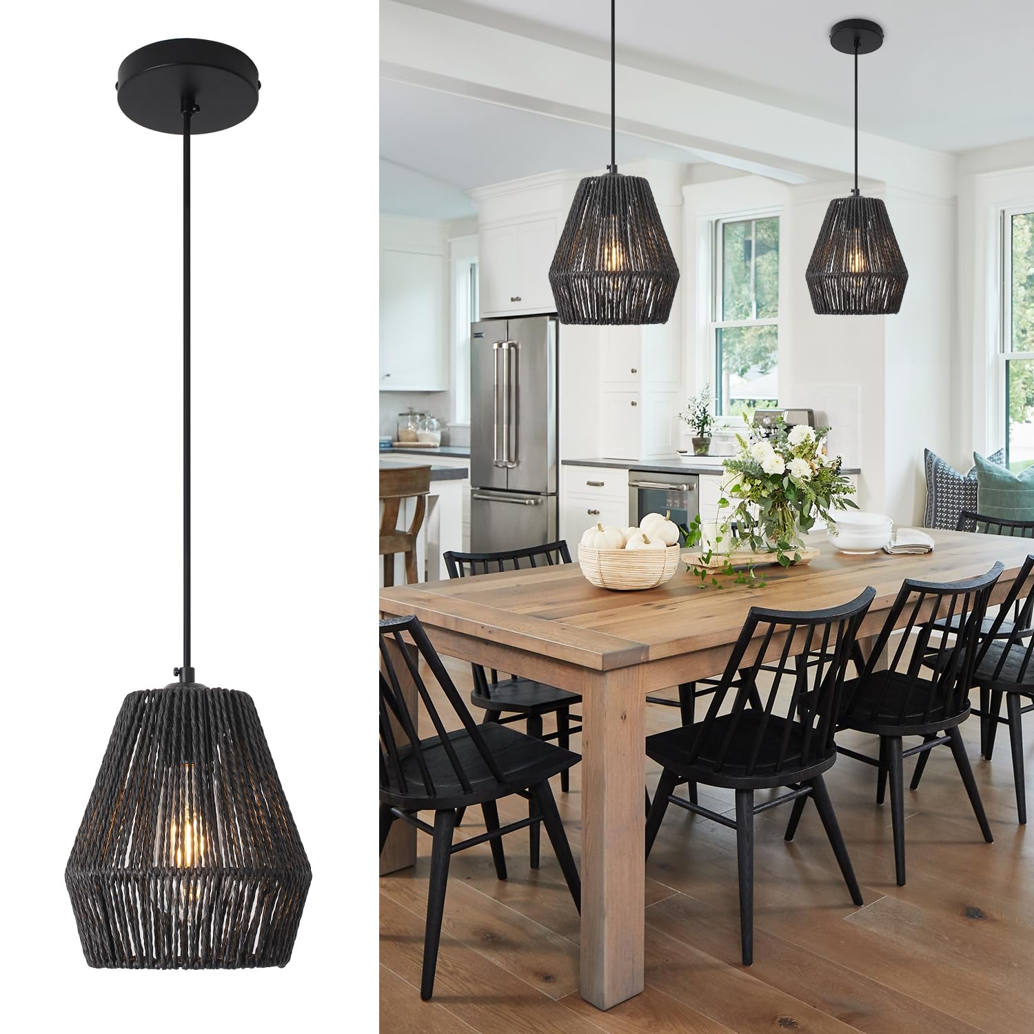 Heircido Brown Woven Pendant Lights, 7”Rustic Rattan Boho Hanging Lamp Adjustable Handwoven Basket Shade, Farmhouse Pendant Light Fixtures for Kitchen Island, Dining Room, Bedroom,Bar,Hallway