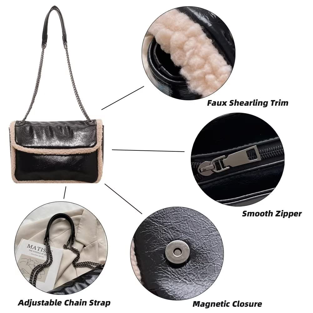 Mudono Shoulder Bag for Women Soft Glossy Crossbody Bag Square Purse Handbag with Faux Shearling Trim and Chain Strap