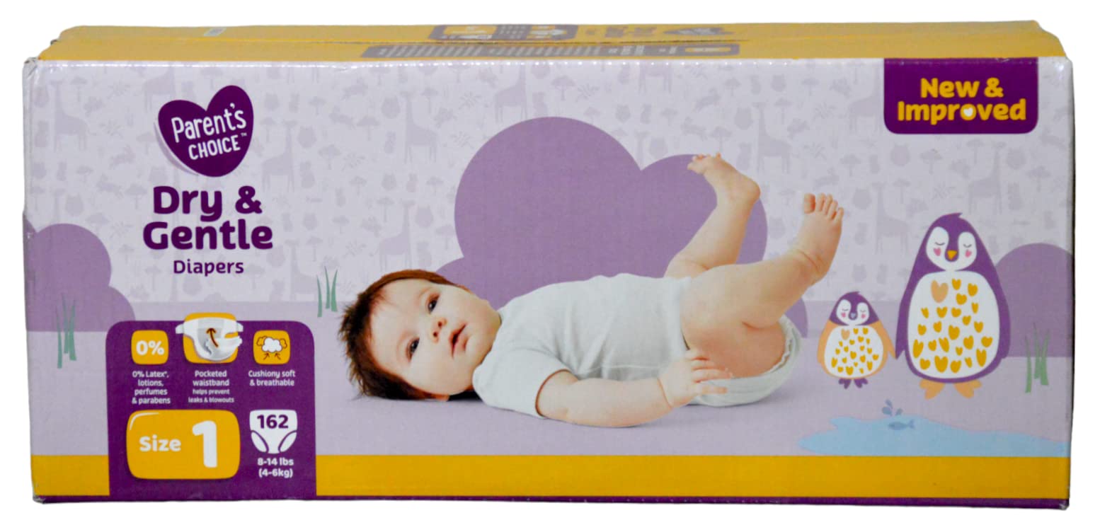 Parentâs Choice Dry & Gentle Diapers, Size 1 (8-14 lbs) - 162 Count