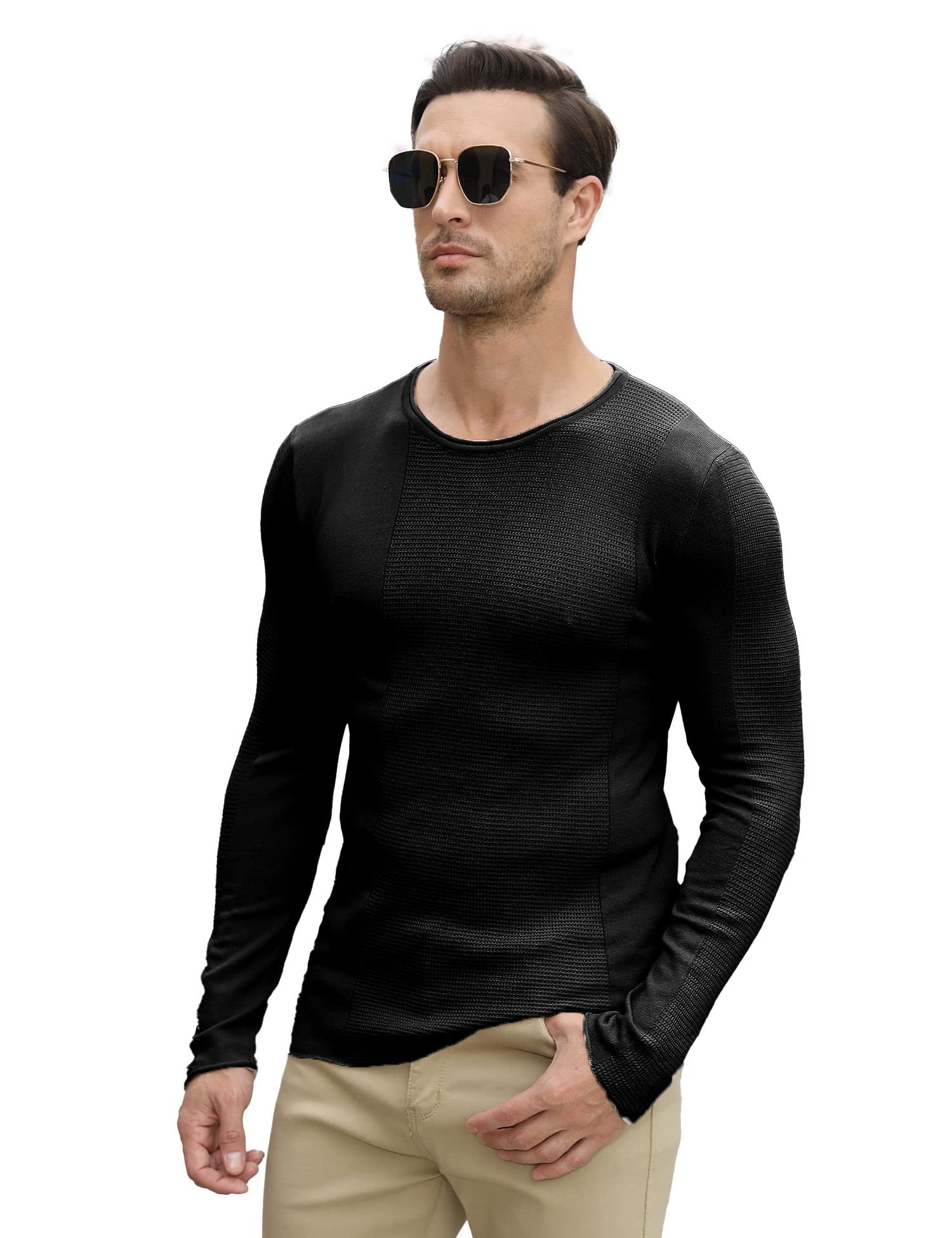 KELLORENA Men's Muscle T Shirts Stretch Long Sleeve Workout Tee Casual Slim Fit Gym Athletic T Shirts for Men Black