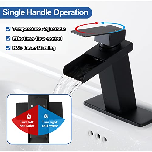 Matte Black Bathroom Faucet, Homikit Waterfall Bathroom Faucets for Sink 1 or 3 Holes, Modern Vanity Faucet with Single Handle Single Hole, Pop Up Drain, Deck Plate, 2 Water Supply Hoses