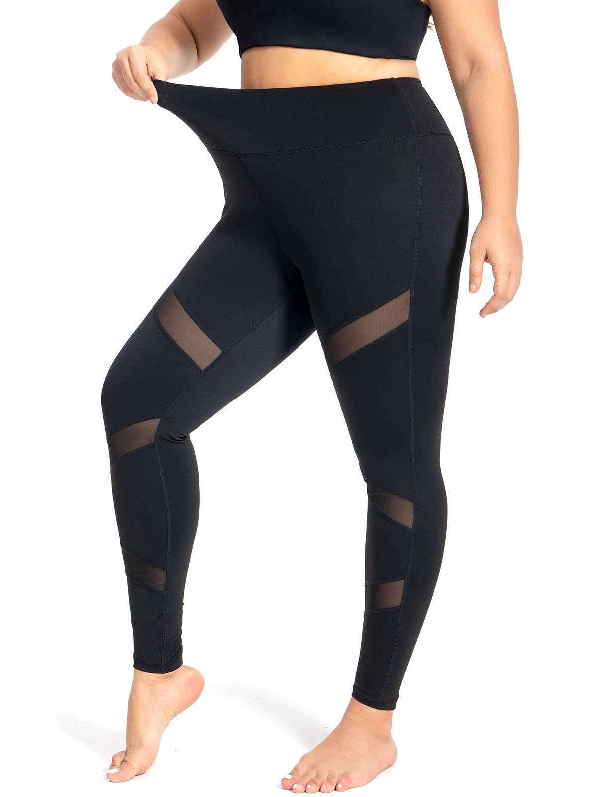 MEJING Plus Size Yoga Pants with Pockets, L-5X Mesh Workout Leggings for Women, High Waisted Tummy Control Activewear Black L