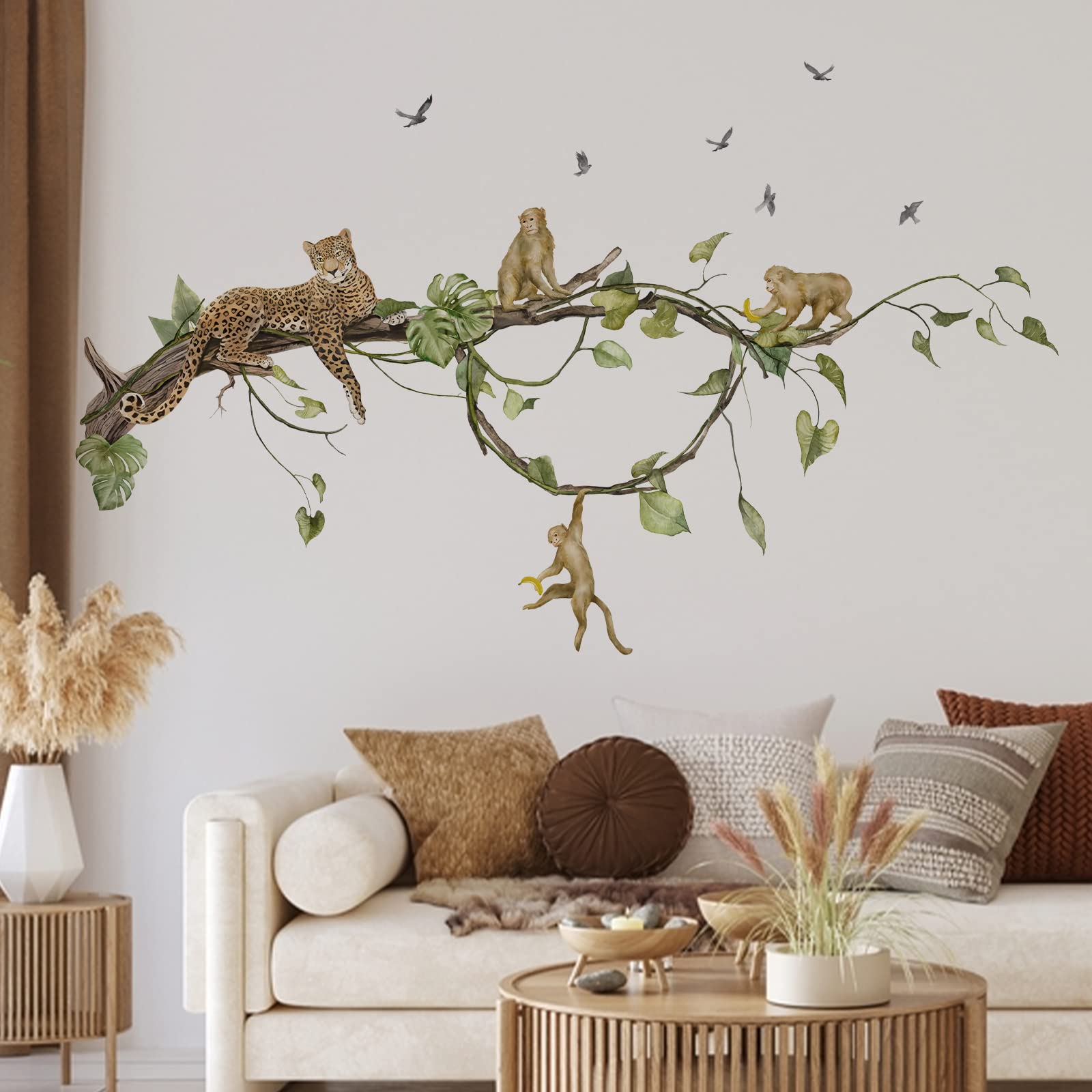 Mfault African Leopard Monkey Climbing Tree Wall Decals Stickers, Safari Jungle Animals Nursery Decorations Boys Bedroom Art, Tropical Bird Kids Playroom Classroom Room Decor