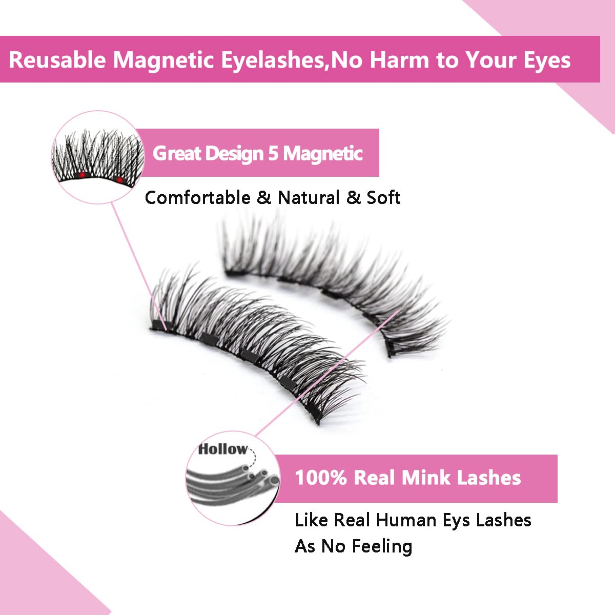 Magnetic Eyelashes, Magnetic False Eyelashes kit without Eyeliner or Glue, Light weight & Easy to Wear, 2 Pairs 3D Reusable False Eyelashes with Applicator