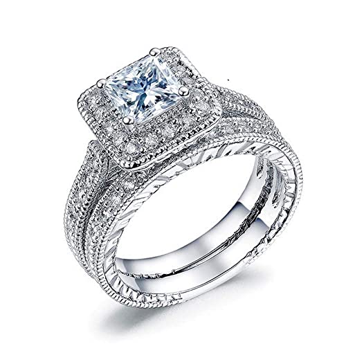 KIOYDISE Engagement Ring Sets Wedding Band Sets for Him and Her Engagement Ring Set Women’s Bridal Rings Sets Square Rings Sterling Silver Sparkly Cubic Zirconia Wedding Band Bridal Set Size (8)