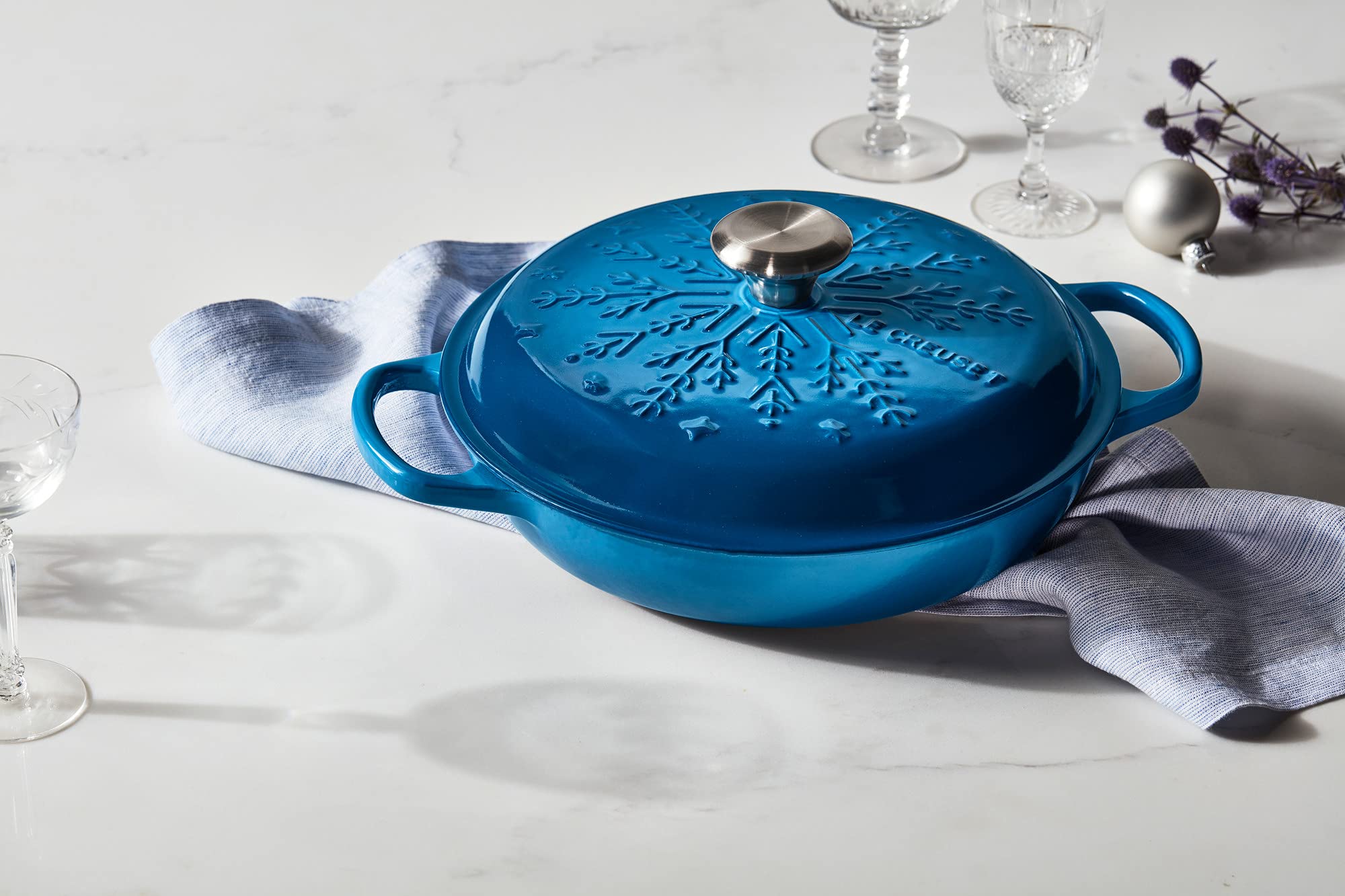 Le Creuset Noel Collection: Signature Cast Iron Braiser Embossed Snowflake w/ Stainless Steel Knob, 2.25 qt., Marseille