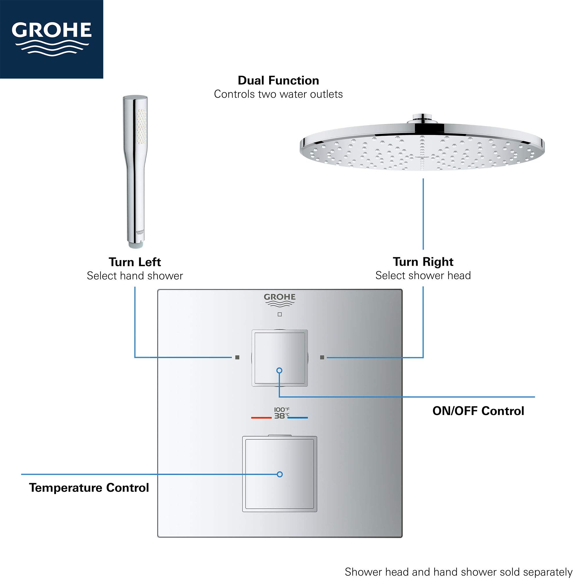 GROHE 24158000 Grohtherm Cube Dual Function 2-Handle Thermostatic Trim, Starlight Chrome