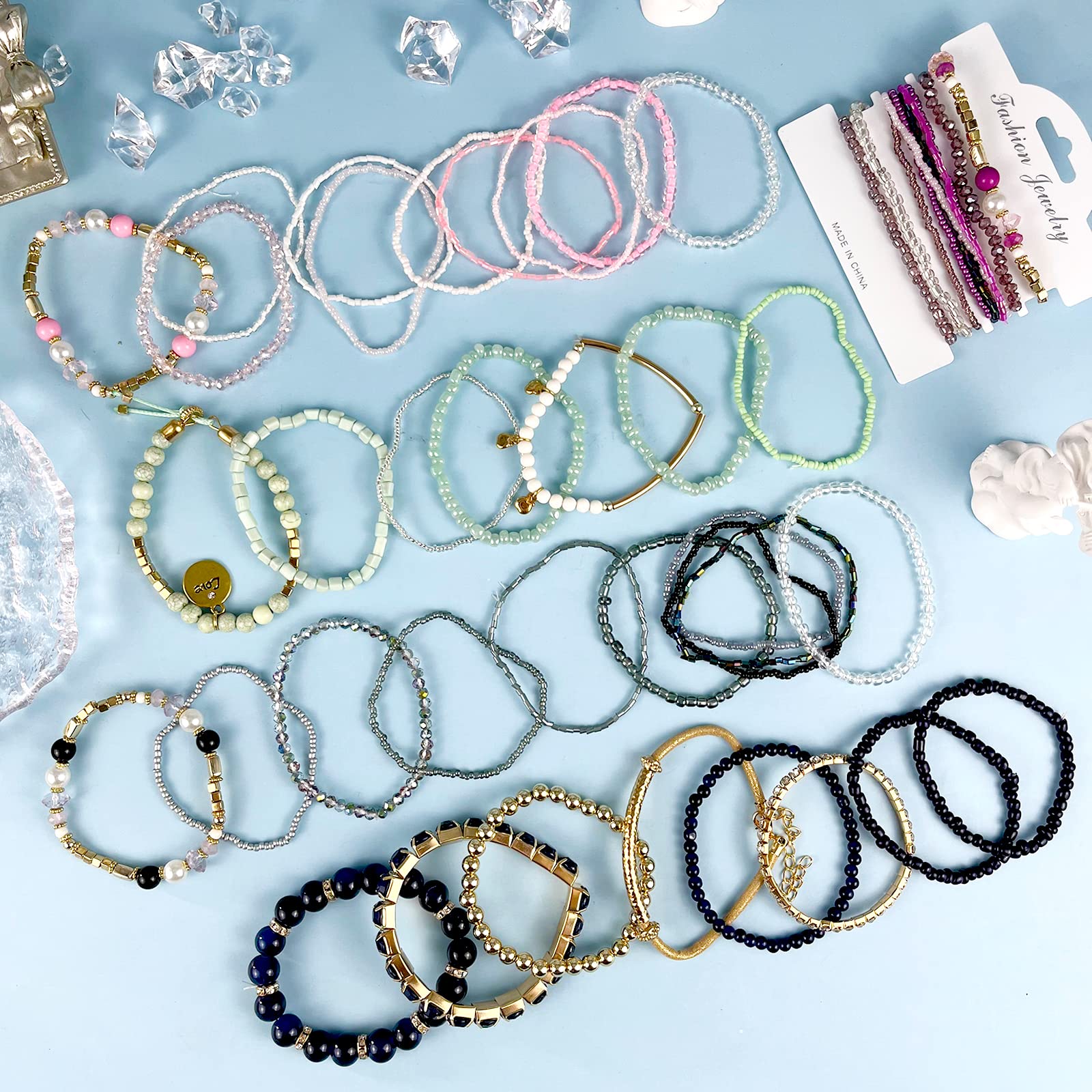 JEWPARK 6-9 Set Bohemian Stackable Bead Bracelets for Women Multilayered Stretch Bracelet Boho Acrylic Beaded Bracelet Statement Seed Beaded Bracelet 9S