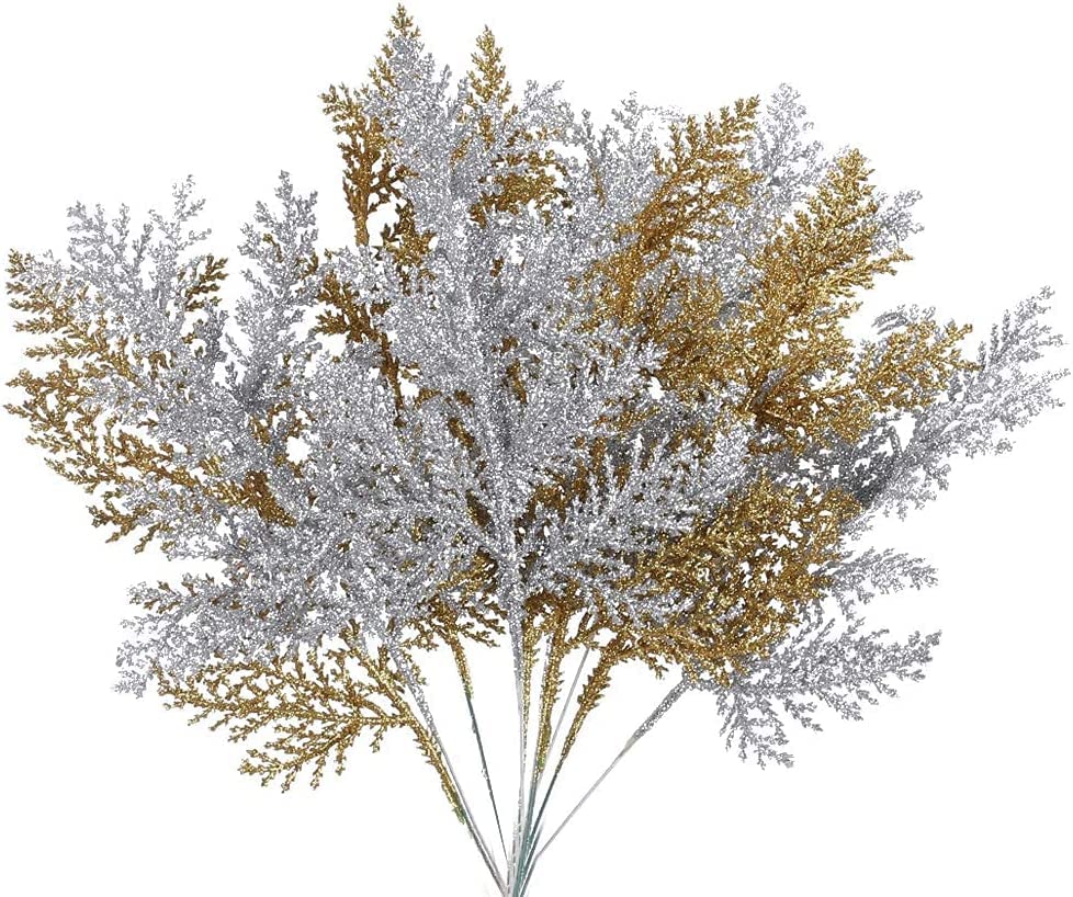 HO2NLE Glitter Christmas Pick Artificial Cedar Sprigs Cedar Spray Branches Christmas Floral Picks Artificial Tree Branches Decorfor Vase Christmas Tree Winter Home Xmas Decor 12pcs