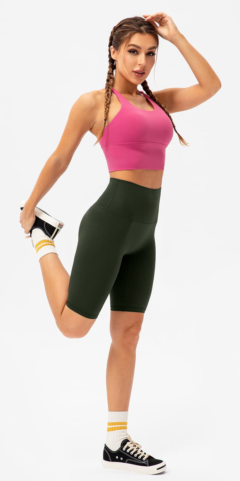 Lavento Women's All Day Soft Light Yoga Shorts - High-Rise Workout Active Biker Shorts for Women (Dark Moss Green, 6)