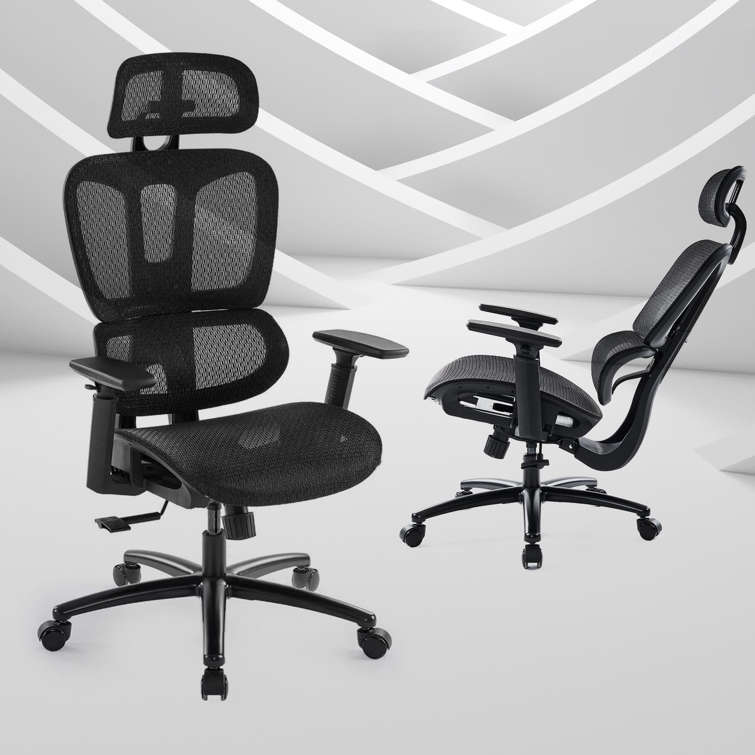 Homy Grigio Ergonomic Office Chair High Back Home Office Desk Chair with 3D Armrest Adjustable Headrest Lumbar Support Mesh Computer Chair with Swivel Tilt Function