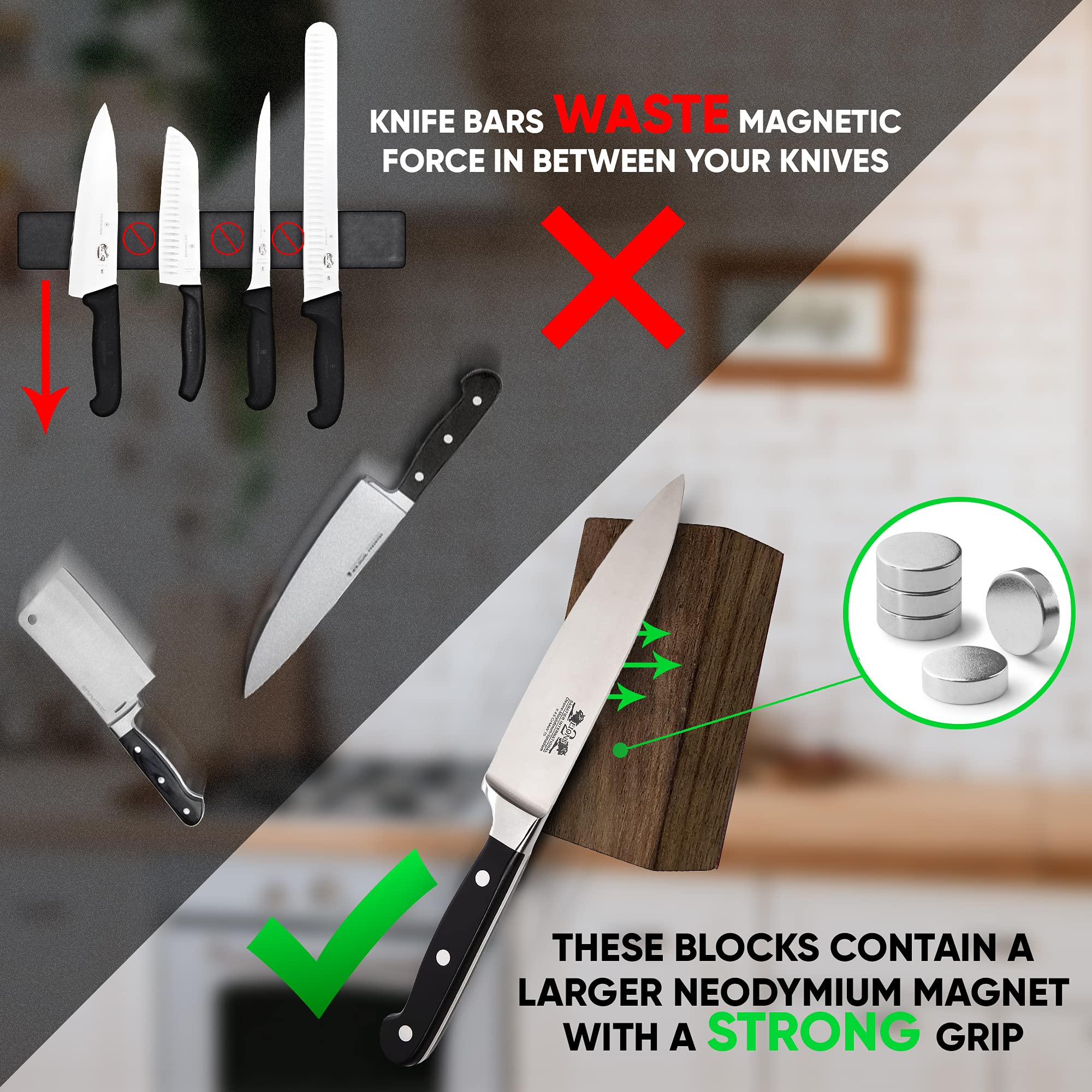 Magnetic Knife Holder For Wall - STRONG Neodymium Magnets & 3M Adhesive Strip (No Drilling!) Wooden Walnut Block Kitchen Tools Cutlery Utensils Holder Rack Mount Bar Set (10, Walnut)