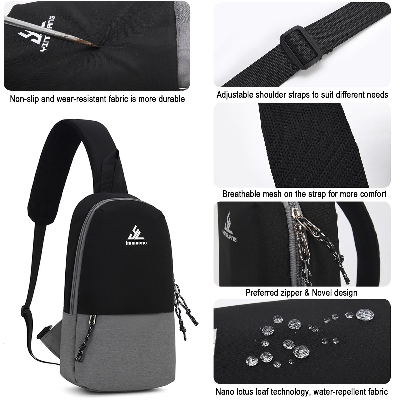 immoono Small Sling Backpack Unisex Shoulder Bag, Sling Bag Crossbody Purse for Women, Mens Crossbody Bag, Black