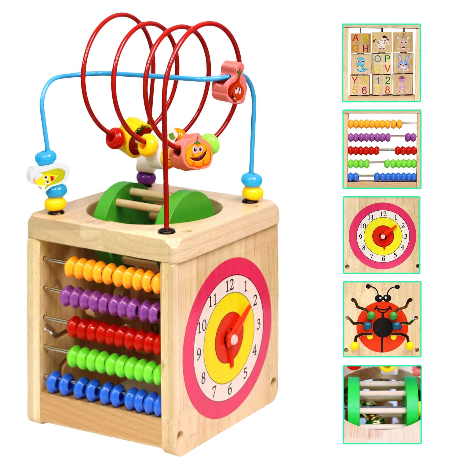 MICKYU Wooden Busy Cube Toy with Abacus, Bead Maze, and Shape Sorter - Early Learning Developmental Toy for Boys and Girls Ages 1-3
