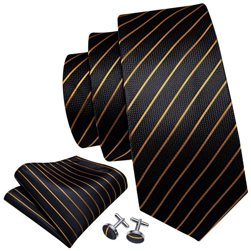 JHHDP Gold Striped Black Tie Brooch Silk Necktie Set Handkerchief Cufflink Tie for Men Wedding (Color : A, Size : One Size)