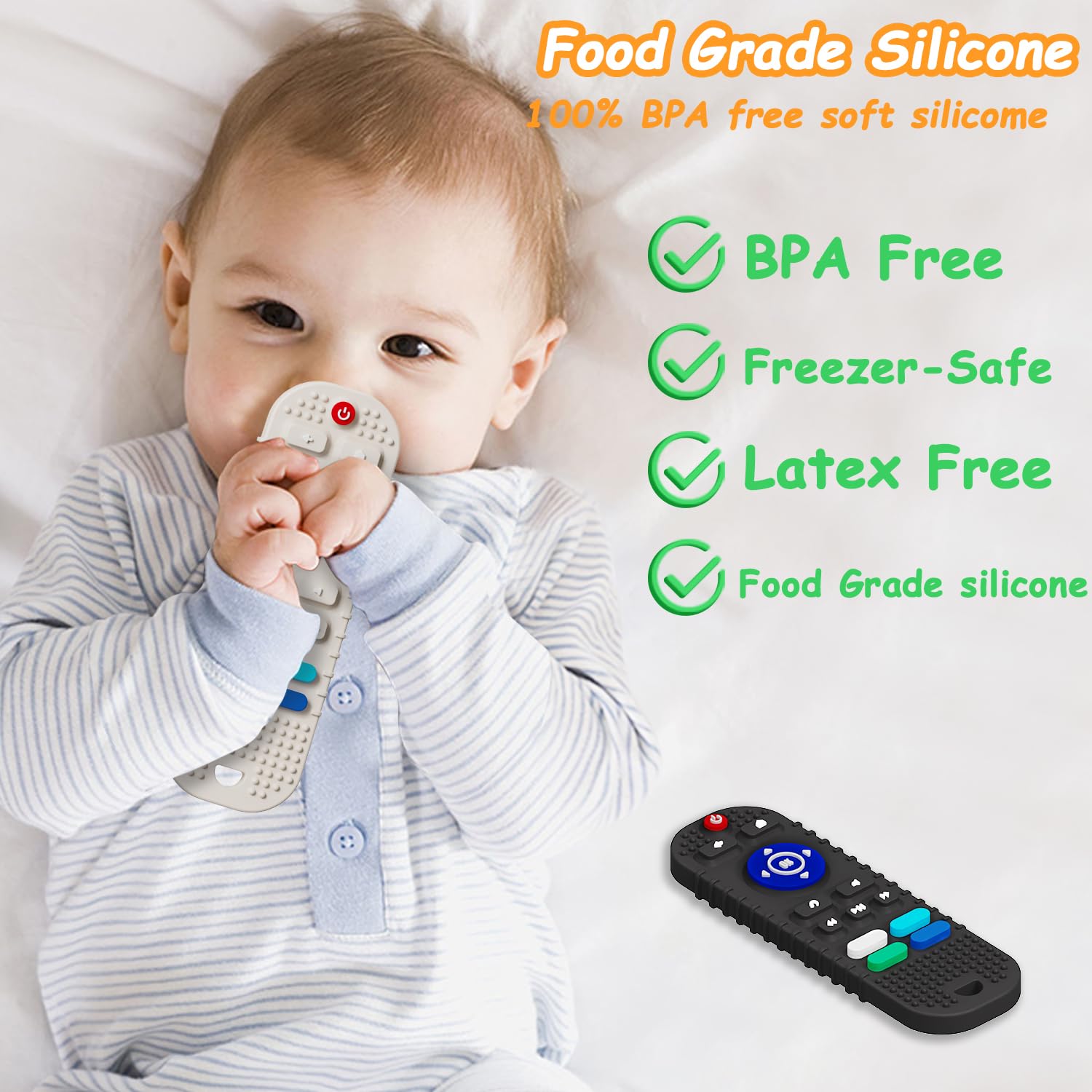 Mgtfbg 2 Pack Soft Silicone Teething Toys for Toddlers, Babies, Boys, Girls, 6-12 Months Baby Remote Control Shape Molar Teether Chew Toys Set Gift(Black+Grey)