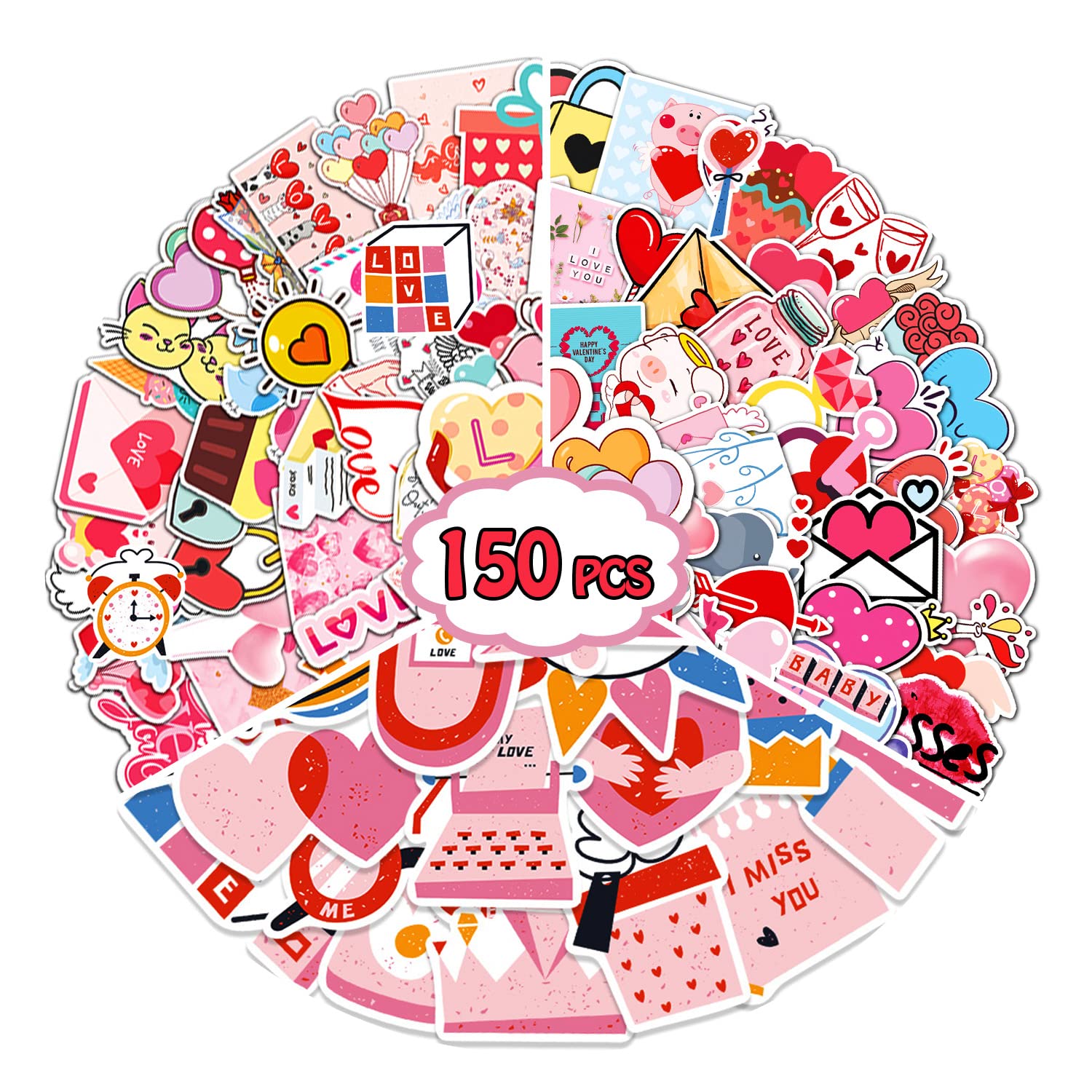Partywind 150 PCS Valentine's Day Stickers, Waterproof Heart Love Stickers for Valentines Decorations, Cute Valentines Day Prizes for Kids Classroom, Water Bottle/Laptop/Computer Decor