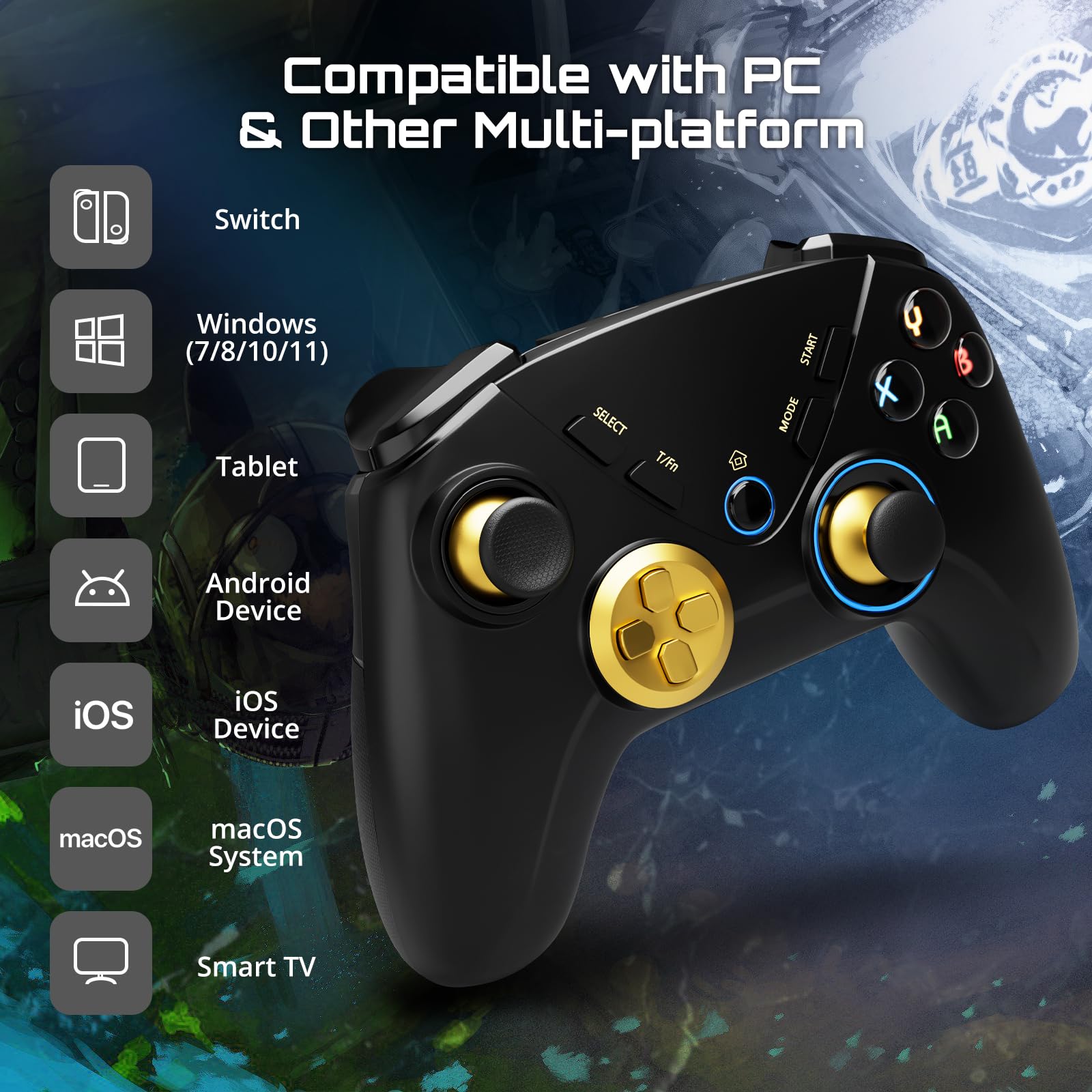 Multi-Platform PC Wireless Controller, Bluetooth Gaming Controller, Compatible with Windows, iPad, Steam, Laptop, Mac, Tablet, and Smart TV, with Double Shock, Macro Keys, Turbo Button, LED Backlight