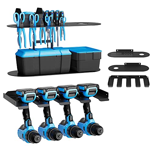 yamagahome Power Tool Organizer, 3-In-1 Cordless Drill Storage Shelf with 4 Drill Holders, Wall Mounted Power Tool Rack Corner Design, Heavy Duty Utility Rack for Garage, Workshop, Home