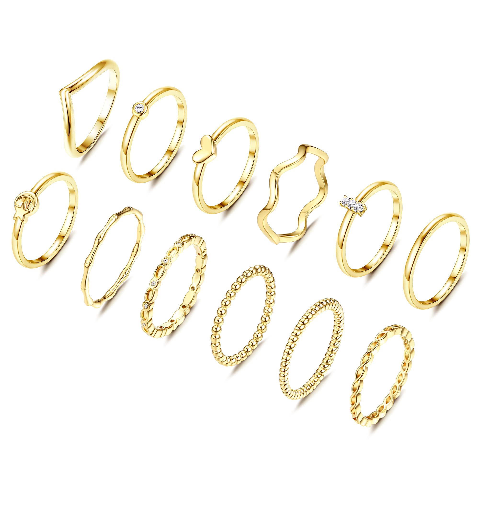 JeryWe 12Pcs 14K Gold Plated Stacking Rings for Women Stackable Knuckle Gold Band Ring Plain Twist Thumb Thin Gold Rings Pack Wave Joint Finger Wedding Silver Ring Set Size 8