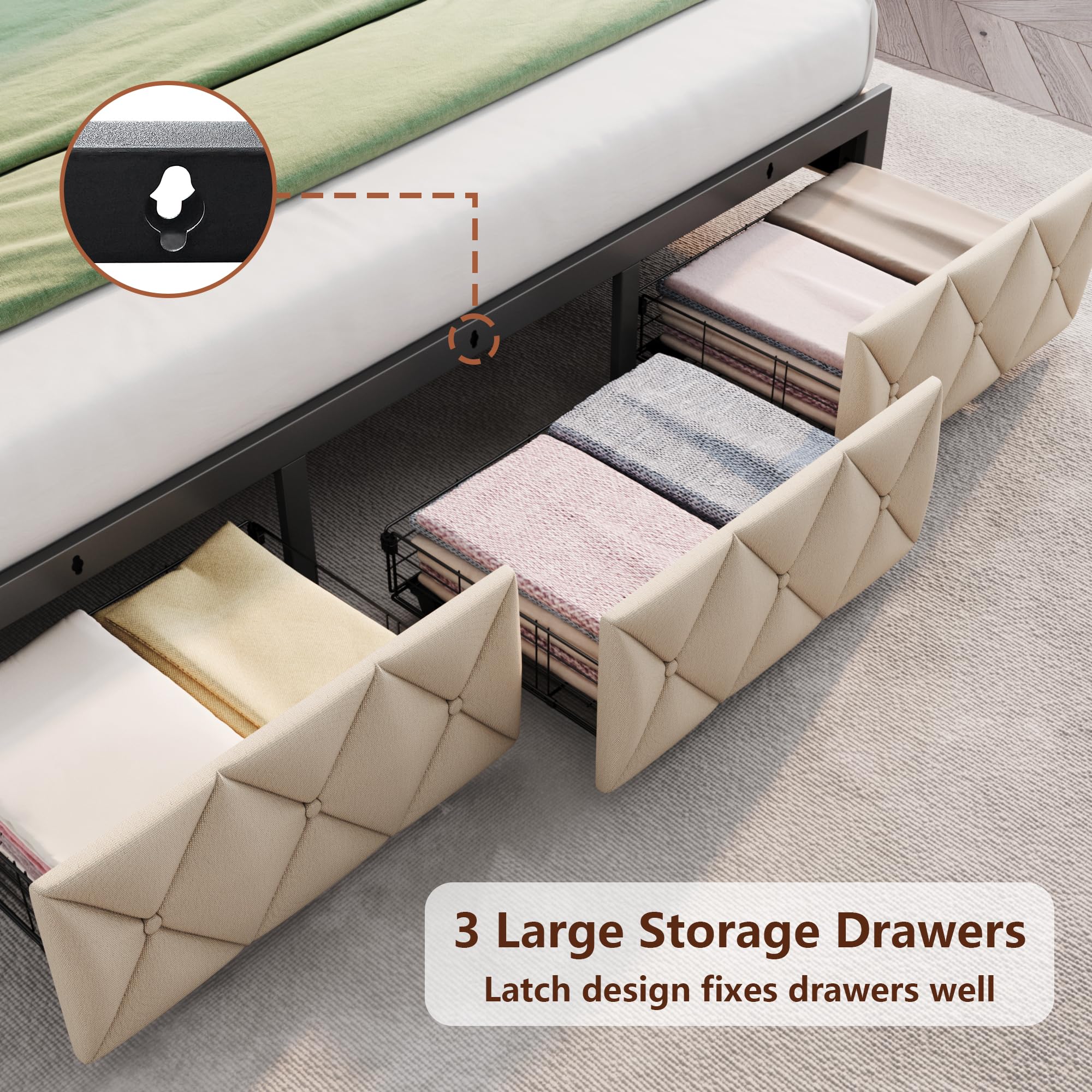 MEIJUJIA King Size Bed Frame with 3 Storage Drawers, Upholstered King Bed Frame with LED Lights Headboard and Charging Station, No Box Spring Needed, Easy Assembly -Beige