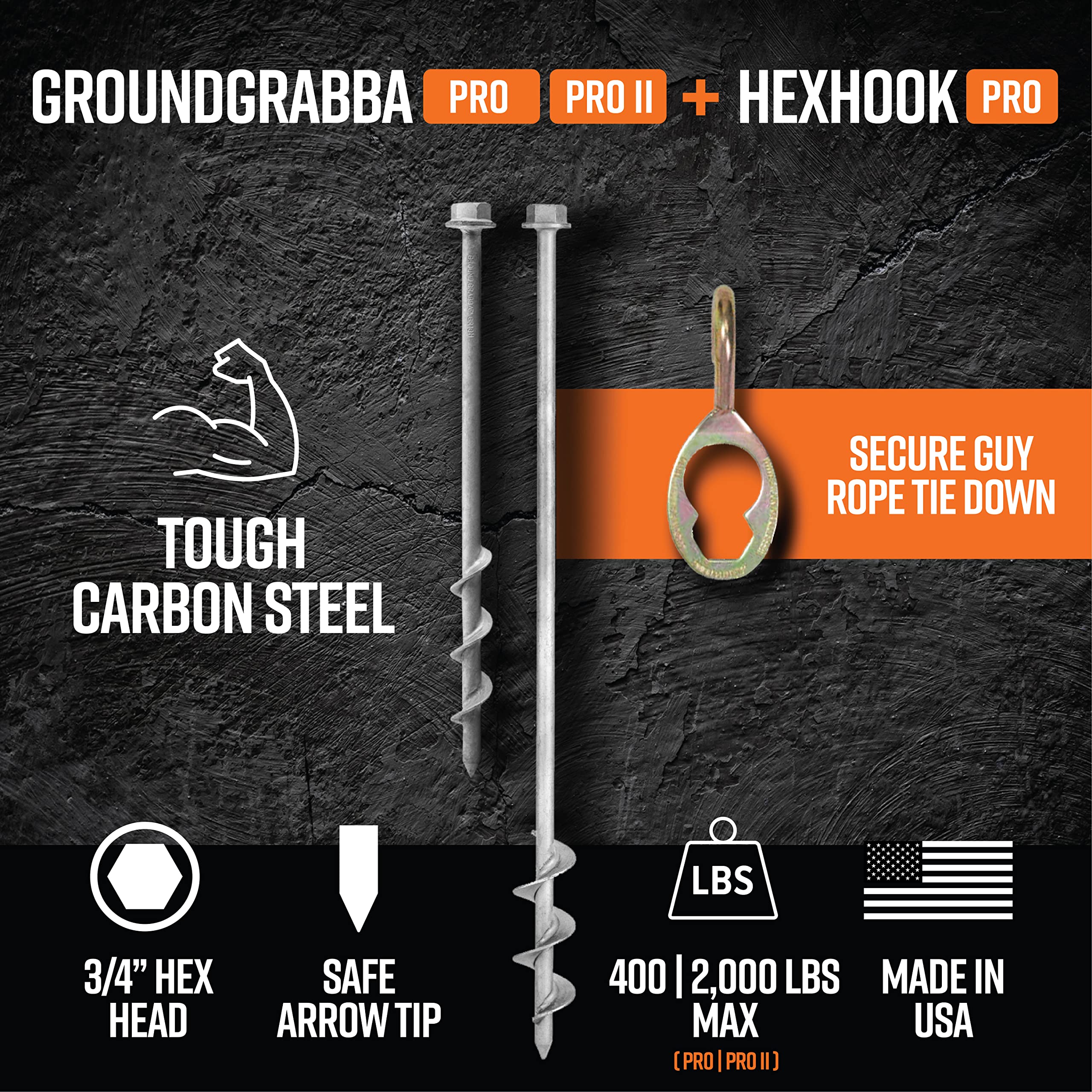 GROUNDGRABBA Screw in Tent Stake Sand Stake Midi Combo Pack | 4X GG Lite | 4X GG Pro | 4X GG Pro II | 8X HexHook Pro | Premium Drill Driven Ground Anchor Earth Screws