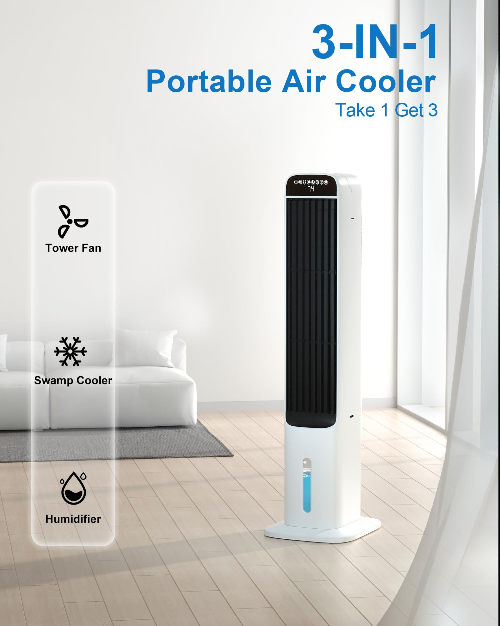 MEPTY Evaporative Air Cooler, Cooling Fans that Blow Cold Air with 84°Oscillation, 12H Timer, 3speeds&Modes, Air Cooler with Remote Control, Swamp Cooler, Tower Fan for Bedroom, Office, Kitchen,40Inch